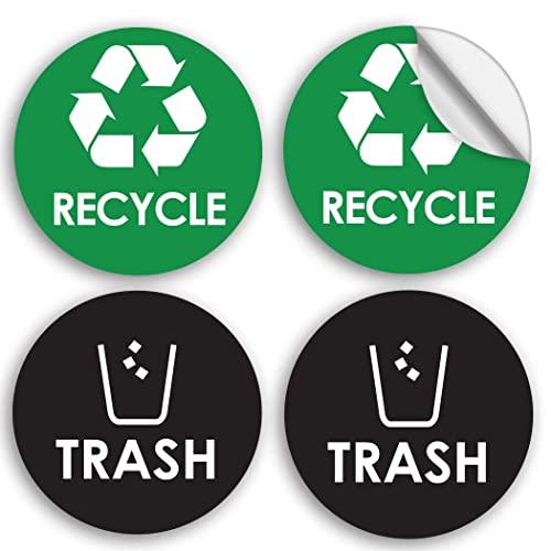 Pixelverse Design Recycle Sticker Trash Bin Label, 4" x 4" Black Trash and Green Recycle Home Round Vinyl Decals (4 Pack)