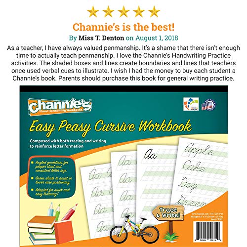 Channie’s Easy Peasy Cursive Handwriting Workbook for Kids, Tracing & Cursive Writing Practice Book, 80 Pages Front & Back, 40 Sheets, Grades 1st – 3rd, Size 8.5” x 11”