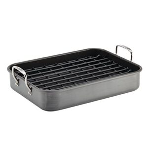 rachael ray brights hard anodized nonstick roaster / roasting pan with rack - 16 inch x 12 inch, gray