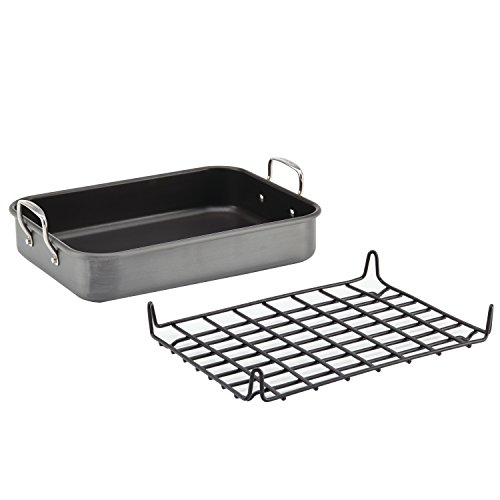 Rachael Ray Brights Hard Anodized Nonstick Roaster / Roasting Pan with Rack - 16 Inch x 12 Inch, Gray