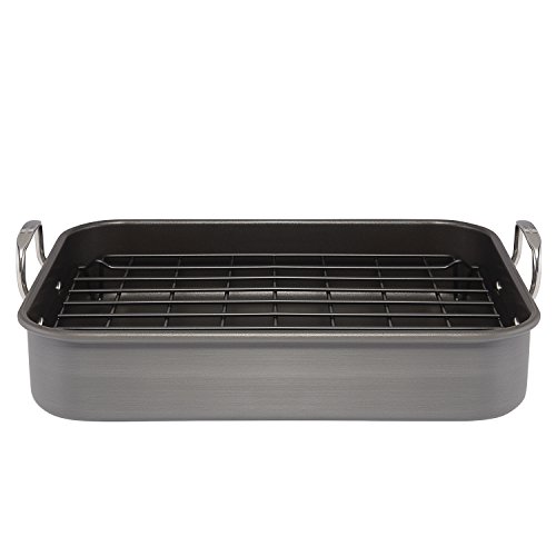 Rachael Ray Brights Hard Anodized Nonstick Roaster / Roasting Pan with Rack - 16 Inch x 12 Inch, Gray