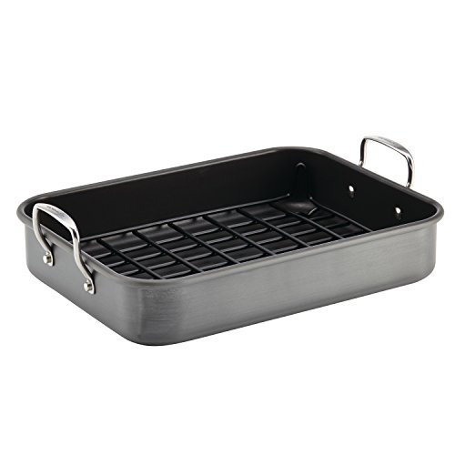 Rachael Ray Brights Hard Anodized Nonstick Roaster / Roasting Pan with Rack - 16 Inch x 12 Inch, Gray