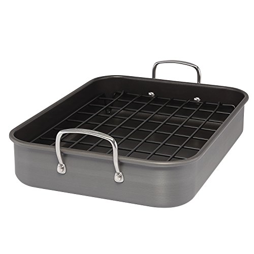 Rachael Ray Brights Hard Anodized Nonstick Roaster / Roasting Pan with Rack - 16 Inch x 12 Inch, Gray