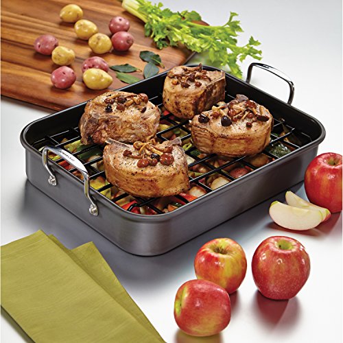 Rachael Ray Brights Hard Anodized Nonstick Roaster / Roasting Pan with Rack - 16 Inch x 12 Inch, Gray