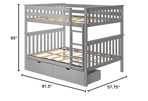 Max & Lily Bunk Bed, Full-Over-Full Wood Bed Frame for Kids with Storage Drawers, Grey