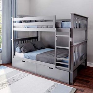 max & lily bunk bed, full-over-full wood bed frame for kids with storage drawers, grey