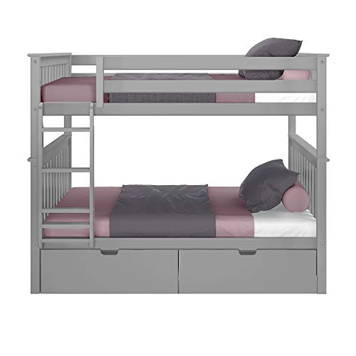 Max & Lily Bunk Bed, Full-Over-Full Wood Bed Frame for Kids with Storage Drawers, Grey