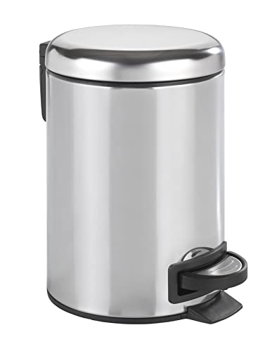 WENKO Basket, Small Trash Can with Lid and Pedal, Garbage Bin for Bathroom with Removable Inner Bucket, Stainless Steel, 0.79 Gal, 9.84 x 8.86 x 6.69 in, 17 x 22.5 x 25 cm, Gray Shiny