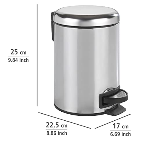 WENKO Basket, Small Trash Can with Lid and Pedal, Garbage Bin for Bathroom with Removable Inner Bucket, Stainless Steel, 0.79 Gal, 9.84 x 8.86 x 6.69 in, 17 x 22.5 x 25 cm, Gray Shiny