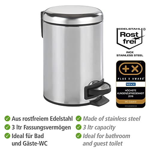 WENKO Basket, Small Trash Can with Lid and Pedal, Garbage Bin for Bathroom with Removable Inner Bucket, Stainless Steel, 0.79 Gal, 9.84 x 8.86 x 6.69 in, 17 x 22.5 x 25 cm, Gray Shiny