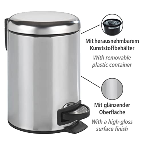 WENKO Basket, Small Trash Can with Lid and Pedal, Garbage Bin for Bathroom with Removable Inner Bucket, Stainless Steel, 0.79 Gal, 9.84 x 8.86 x 6.69 in, 17 x 22.5 x 25 cm, Gray Shiny