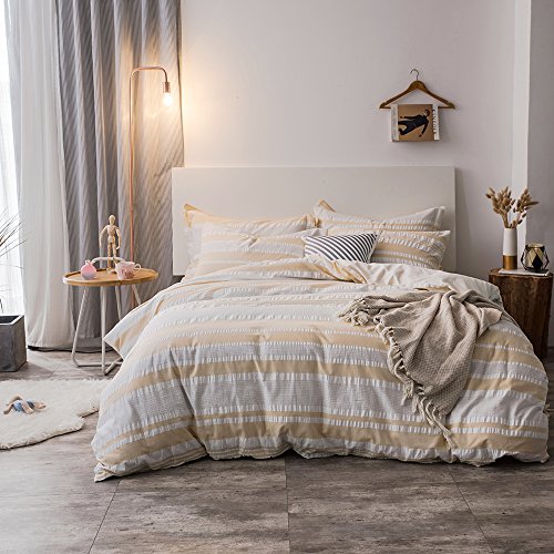 Merryfeel Seersucker Duvet Cover Set King,100% Cotton Woven Seersucker Stripe Duvet Cover Set, 3 Pieces Bedding Set - King - Light Yellow