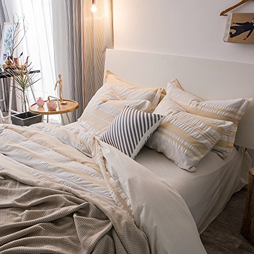 Merryfeel Seersucker Duvet Cover Set King,100% Cotton Woven Seersucker Stripe Duvet Cover Set, 3 Pieces Bedding Set - King - Light Yellow