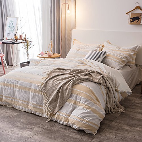 Merryfeel Seersucker Duvet Cover Set King,100% Cotton Woven Seersucker Stripe Duvet Cover Set, 3 Pieces Bedding Set - King - Light Yellow