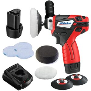 acdelco g12 series 12v cordless 3" mini polisher tool set with 2 li-ion batteries, charger, and accessory kit, ars1212