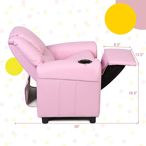 Costzon Kids Recliner Chair with Cup Holder, Toddler Furniture Children Armrest Sofa w/Headrest & Footrest for Girls Boys Baby Bedroom, Kids Room, PU Leather Kids Recliner Couch (Pink)