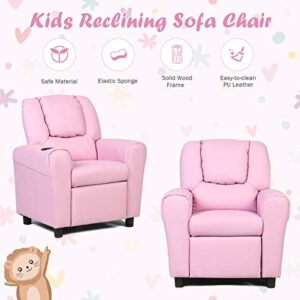 Costzon Kids Recliner Chair with Cup Holder, Toddler Furniture Children Armrest Sofa w/Headrest & Footrest for Girls Boys Baby Bedroom, Kids Room, PU Leather Kids Recliner Couch (Pink)