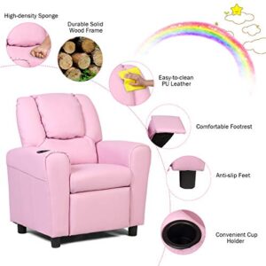 Costzon Kids Recliner Chair with Cup Holder, Toddler Furniture Children Armrest Sofa w/Headrest & Footrest for Girls Boys Baby Bedroom, Kids Room, PU Leather Kids Recliner Couch (Pink)