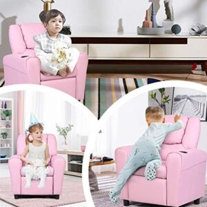 Costzon Kids Recliner Chair with Cup Holder, Toddler Furniture Children Armrest Sofa w/Headrest & Footrest for Girls Boys Baby Bedroom, Kids Room, PU Leather Kids Recliner Couch (Pink)