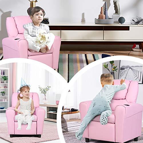 Costzon Kids Recliner Chair with Cup Holder, Toddler Furniture Children Armrest Sofa w/Headrest & Footrest for Girls Boys Baby Bedroom, Kids Room, PU Leather Kids Recliner Couch (Pink)