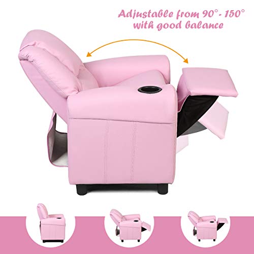 Costzon Kids Recliner Chair with Cup Holder, Toddler Furniture Children Armrest Sofa w/Headrest & Footrest for Girls Boys Baby Bedroom, Kids Room, PU Leather Kids Recliner Couch (Pink)