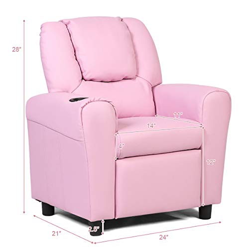 Costzon Kids Recliner Chair with Cup Holder, Toddler Furniture Children Armrest Sofa w/Headrest & Footrest for Girls Boys Baby Bedroom, Kids Room, PU Leather Kids Recliner Couch (Pink)