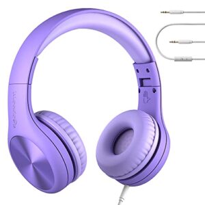 lilgadgets connect+ pro kids headphones wired - designed with kids' comfort in mind, foldable over-ear headset with in-line microphone, toddler headphones for kids, purple