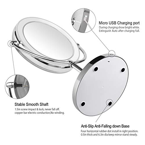 KDKD Lighted Makeup Mirror 1X 7X Magnification Double Sided Round Shape with Base Touch Button, Cordless and Rechargeable