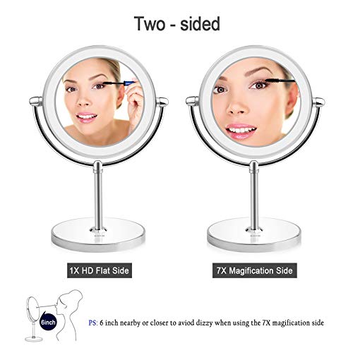 KDKD Lighted Makeup Mirror 1X 7X Magnification Double Sided Round Shape with Base Touch Button, Cordless and Rechargeable