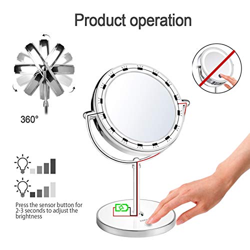 KDKD Lighted Makeup Mirror 1X 7X Magnification Double Sided Round Shape with Base Touch Button, Cordless and Rechargeable