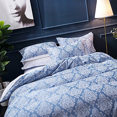 Merryfeel Damask Duvet Cover Set King, Classic Jacquard Duvet Cover Set,3 Pieces Bedding Set-Blue King