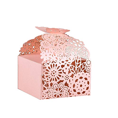 KAZIPA 50pcs Laser Cut Favor Boxes, 2.6" x 2.6" x 1.6" Floral Favor Boxes, Party Favor Boxes for Bridal Shower Anniverary Wedding Party Favor, Pink