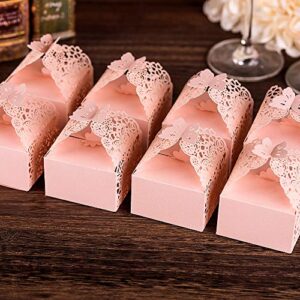 KAZIPA 50pcs Laser Cut Favor Boxes, 2.6" x 2.6" x 1.6" Floral Favor Boxes, Party Favor Boxes for Bridal Shower Anniverary Wedding Party Favor, Pink