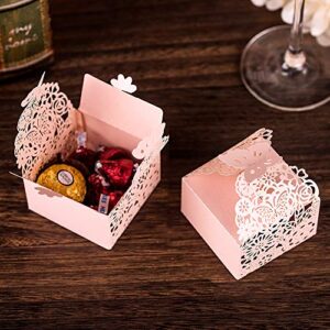 KAZIPA 50pcs Laser Cut Favor Boxes, 2.6" x 2.6" x 1.6" Floral Favor Boxes, Party Favor Boxes for Bridal Shower Anniverary Wedding Party Favor, Pink