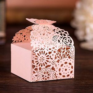 KAZIPA 50pcs Laser Cut Favor Boxes, 2.6" x 2.6" x 1.6" Floral Favor Boxes, Party Favor Boxes for Bridal Shower Anniverary Wedding Party Favor, Pink