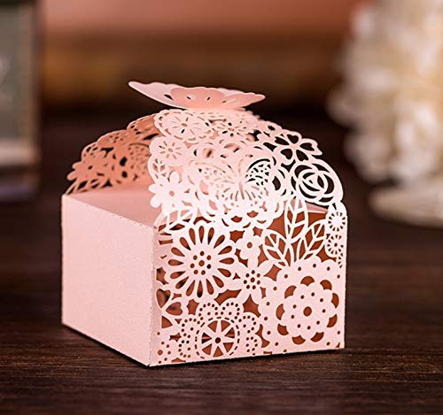 KAZIPA 50pcs Laser Cut Favor Boxes, 2.6" x 2.6" x 1.6" Floral Favor Boxes, Party Favor Boxes for Bridal Shower Anniverary Wedding Party Favor, Pink