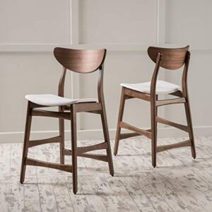 GDFStudio Helen Fabric Natural Wood Finish Counter Chair (Set of 2) (Light Beige/Walnut)