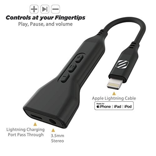 SCOSCHE I3AAP StrikeLine Headphone Adapter with Female 3.5mm Aux Input and Charging Port for Apple Lightning Devices, Black