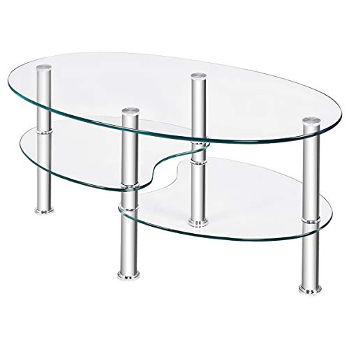 Tangkula Glass Coffee Table, Modern Furniture Decor 2-Tier Modern Oval Smooth Glass Tea Table End Table for Home Office with 2 Tier Tempered Glass Boards & Sturdy Chrome Plated Legs