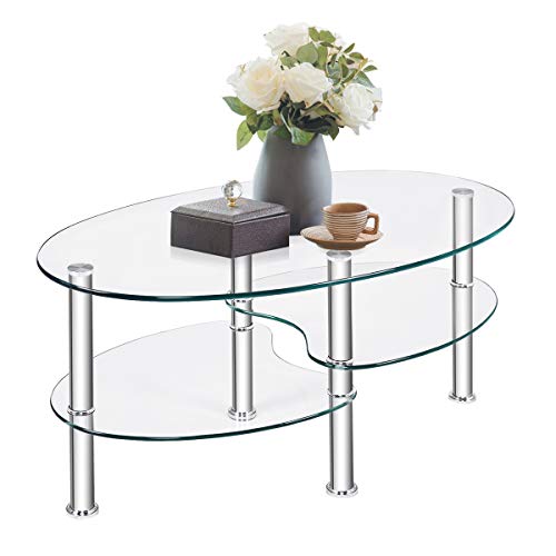 Tangkula Glass Coffee Table, Modern Furniture Decor 2-Tier Modern Oval Smooth Glass Tea Table End Table for Home Office with 2 Tier Tempered Glass Boards & Sturdy Chrome Plated Legs