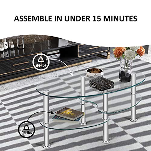 Tangkula Glass Coffee Table, Modern Furniture Decor 2-Tier Modern Oval Smooth Glass Tea Table End Table for Home Office with 2 Tier Tempered Glass Boards & Sturdy Chrome Plated Legs