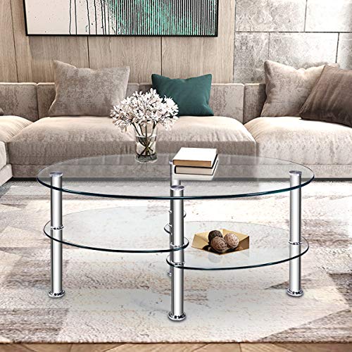 Tangkula Glass Coffee Table, Modern Furniture Decor 2-Tier Modern Oval Smooth Glass Tea Table End Table for Home Office with 2 Tier Tempered Glass Boards & Sturdy Chrome Plated Legs