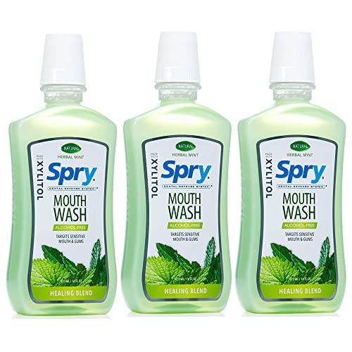 Spry Alcohol-Free Xylitol Mouthwash, Natural Herbal Mint, Healing Blend - 16 fl oz (Pack of 3)