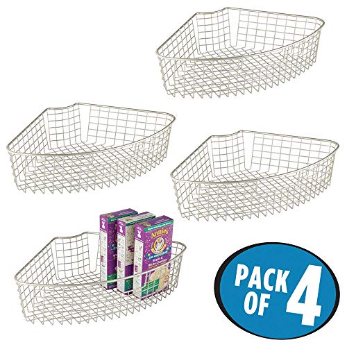 mDesign Wire Basket for Corner Cabinet Lazy Susan with Front Handle - Kitchen Cabinet, Shelf, and Pantry Corner Bin - 1/4 Wedge Metal Organizer for Lazy Susan - Concerto Collection - 4 Pack - Satin