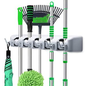 letmy broom holder wall mounted - mop and broom hanger holder - garage storage rack & garden tool organizer - 5 position 6 hooks for home, kitchen, garden, tools, garage organizing