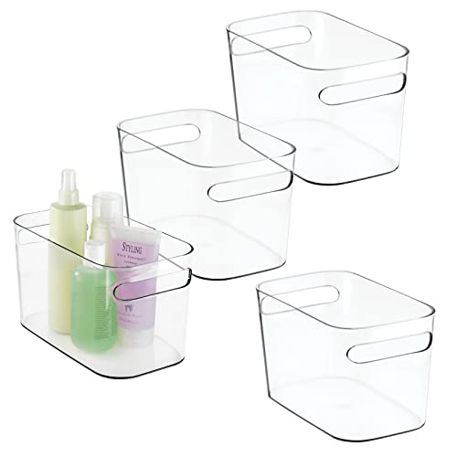 mDesign Deep Plastic Bathroom Bin with Handles - Storage Organizer for Vanity Countertop - Hold Soap, Body Wash, Shampoo, Lotion, Conditioner, Hand Towels - 10" Long, Aura Collection, 4 Pack, Clear