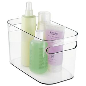 mDesign Deep Plastic Bathroom Bin with Handles - Storage Organizer for Vanity Countertop - Hold Soap, Body Wash, Shampoo, Lotion, Conditioner, Hand Towels - 10" Long, Aura Collection, 4 Pack, Clear