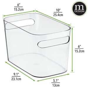 mDesign Deep Plastic Bathroom Bin with Handles - Storage Organizer for Vanity Countertop - Hold Soap, Body Wash, Shampoo, Lotion, Conditioner, Hand Towels - 10" Long, Aura Collection, 4 Pack, Clear