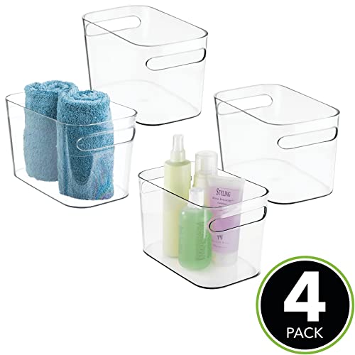 mDesign Deep Plastic Bathroom Bin with Handles - Storage Organizer for Vanity Countertop - Hold Soap, Body Wash, Shampoo, Lotion, Conditioner, Hand Towels - 10" Long, Aura Collection, 4 Pack, Clear