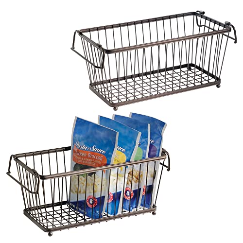 mDesign Household Stackable Metal Wire Storage Organizer Bin Basket with Built-In Handles for Kitchen Cabinets, Pantry, Closets, Bedrooms, Bathrooms - 12.5" Wide, 2 Pack - Bronze